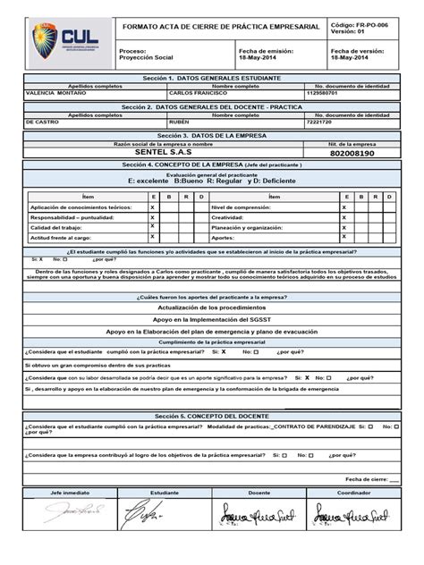 Formato Acta De Cierre Pasantias Y Contrato De Aprendizaje Pdf