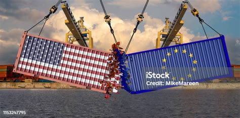 미국과 유럽 연합 사이의 무역 대립 개념 유럽 연합 과 미국의 국기와 용기의 충돌 3d 렌더링 미국에 대한 스톡 사진 및 기타 이미지 Istock