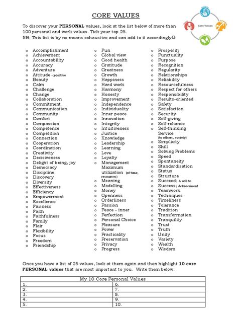 Defining Your Core Values Personal Pdf Peace Contentment