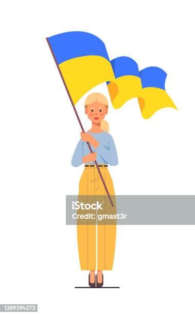 우크라이나 국기를 들고 여자는 우크라이나 평화를 위해기도 러시아에서 우크라이나를 저장 전쟁 개념 전체 길이 중지 Revolution에 대한 스톡 벡터 아트 및 기타 이미지