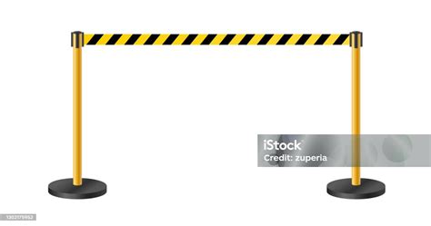 흰색 배경에 격리 된 군중 제어를위한 현실적인 개폐식 벨트 스탠치온 위험에 대한 스톡 벡터 아트 및 기타 이미지 위험 3차원 형태 건설용 배리어 Istock
