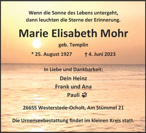Traueranzeigen Von Marie Elisabeth Mohr Nordwest Trauer De