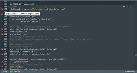 r markdown how to fix r expected after expression on every line