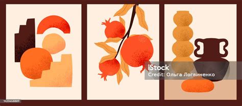 파스텔 컬러 포스터의 추상적 인 정물화 현대 미술 컬렉션 추상적 인 종이 컷 요소 손으로 그린 석류 화병 소셜 미디어 엽서 인쇄 0명에 대한 스톡 벡터 아트 및 기타 이미지