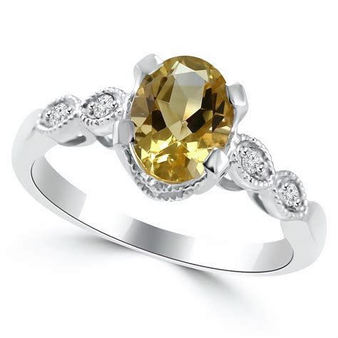 Oval Yellow Citrine And Diamond Engagement Ring 14k Gold