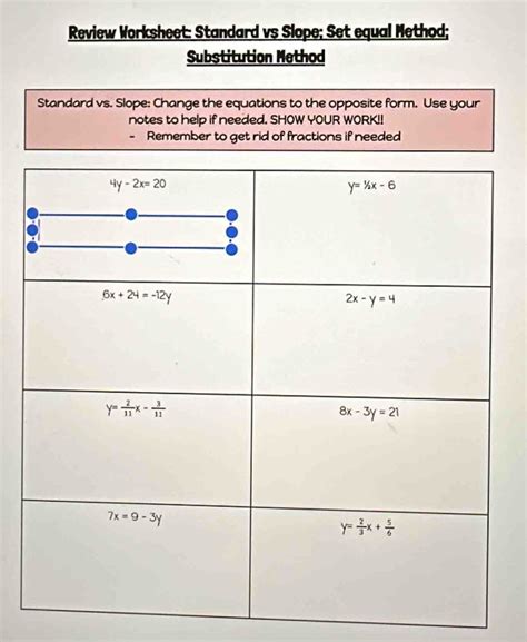 solved review worksheet standard vs slope set equal method