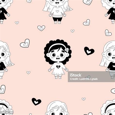 귀여운 아이들과 원활한 패턴 하트가 있는 밝은 분홍색 배경에 재미있는 행복한 소녀들 벡터 그림입니다 손으로 낙서를 그립니다
