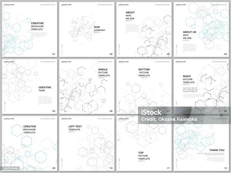사각형 형식의 브로셔 레이아웃은 사각형 전단지 전단지 브로셔 디자인 프리젠 테이션을위한 디자인 템플릿을 다룹니다 의료 기술 화학 과학 개념에 대한 육각형 분자 구조 0명에