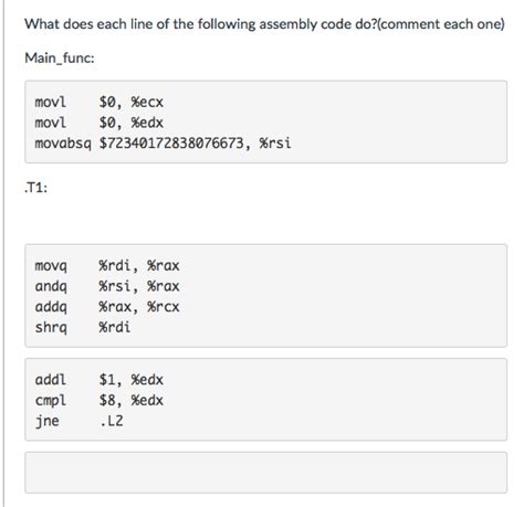 solved what does each line of the following assembly code