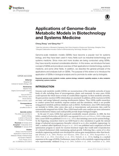Pdf Applications Of Genome Scale Metabolic Models In Biotechnology And Systems Medicine
