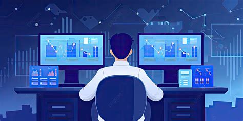 A Data Analyst Sitting At His Desk With Multiple Monitors Displaying Graphs And Charts Shown