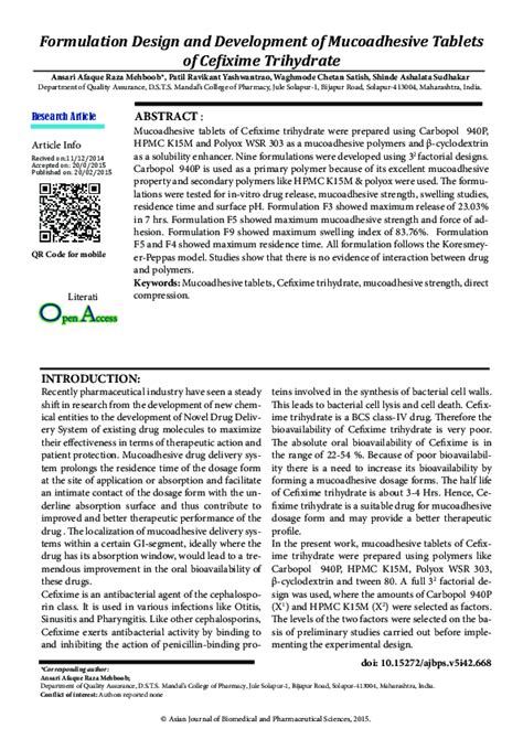 Pdf Formulation Design And Development Of Mucoadhesive Tablets Of Cefixime Trihydrate