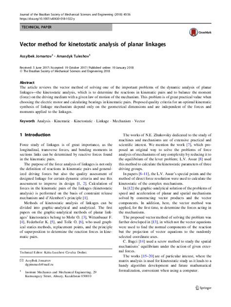 Pdf Vector Method For Kinetostatic Analysis Of Planar Linkages