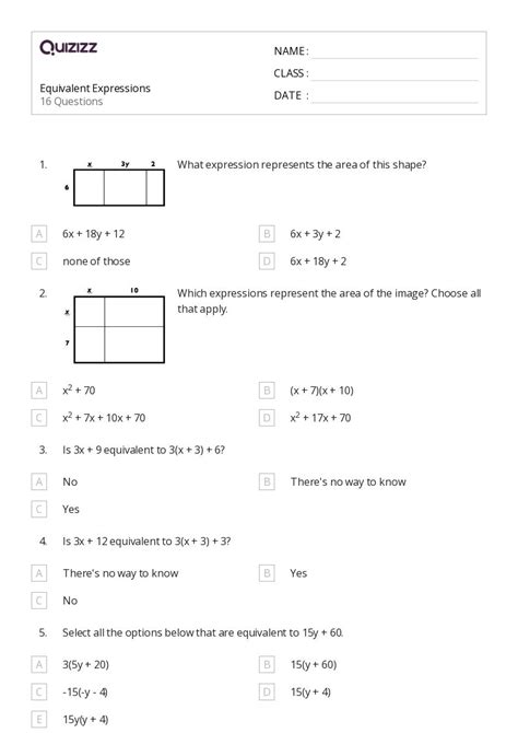 50 Equivalent Expressions Worksheets For 7th Class On Quizizz Free