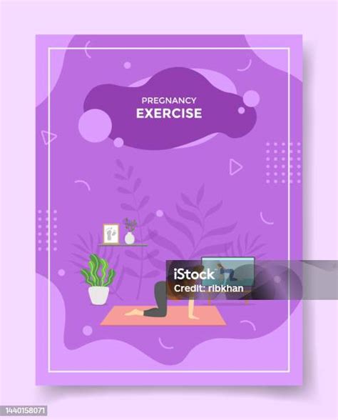 배너 전단지 책 및 잡지 표지의 템플릿에 대 한 임신 또는 임신 여성을위한 집에서 온라인 운동 가리기에 대한 스톡 벡터 아트 및 기타 이미지 Istock