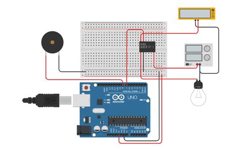 Circuit design Relé LU-5-R - Multímetro - Buzzer - Tinkercad