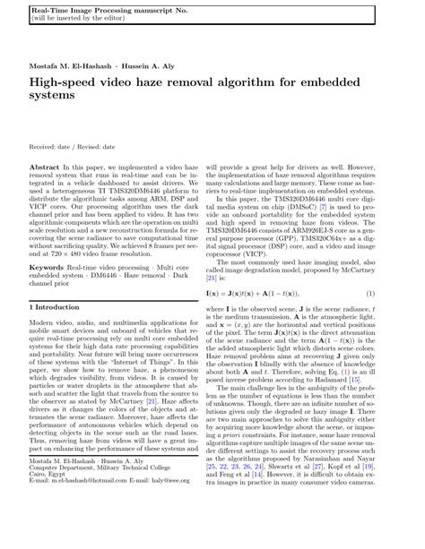Pdf High Speed Video Haze Removal Algorithm For Embedded Systems