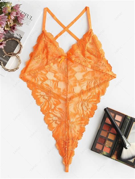 Floral Lace Crisscross Back G String Teddy In Orange Zaful 2024