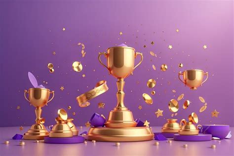 3d победители минимальные с золотым кубком Золотые победители звезды с объектами плавающими на