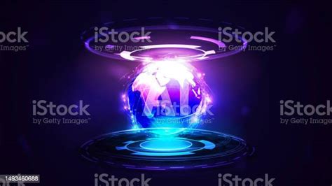 파란색 배경에 디지털 연단에 홀로그램 행성 형태로 Ai의 디지털 네온 시각화가 있는 포스터 0명에 대한 스톡 벡터 아트 및 기타 이미지 0명 3차원 형태 Cpu