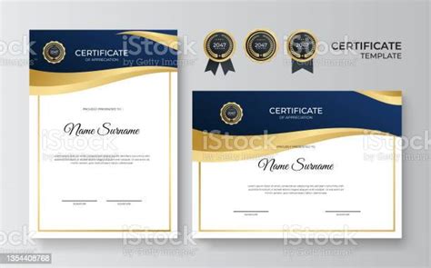 현대 블루 와 골드 인증서 템플릿 수상 비즈니스 및 교육을 위한 배지가 설정된 디플로마 인증서 테두리 템플릿 감탄에 대한 스톡