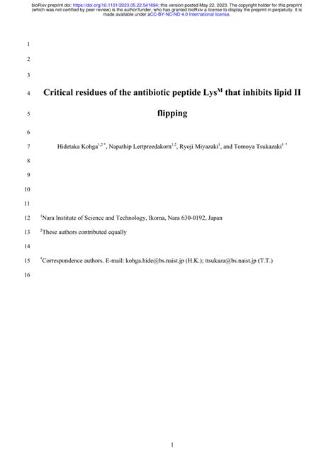 Pdf Critical Residues Of The Antibiotic Peptide Lys M That Inhibits Lipid Ii Flipping