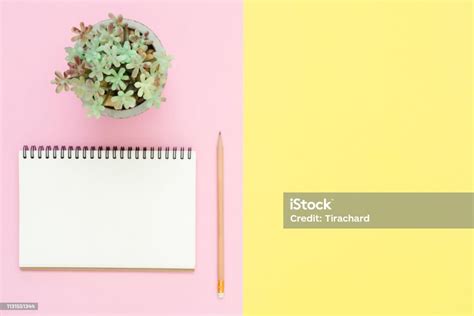 작업 공간 책상의 창조적 인 평면 누워 사진 상단 보기 사무실 책상 오픈 모의 노트북 및 연필 및 분홍색 노란색 파스텔 색상 배경에 식물 복사 공간 평면 레이 촬영과 평면도