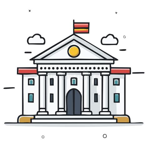 Vibrant Hand Drawn Classical Building Illustration Featuring Columns A Flag And Stately