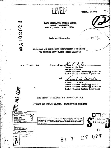 Pdf Necessary And Sufficient Observability Conditions For Bearings Only Target Motion Analysis