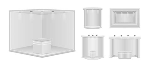 스포트라이트가있는 표준 전시 스탠드 흰색 빈 패널 광고 스탠드 흰색 바탕에 크리 에이 티브 전시 부스 디자인입니다 프레젠테이션 이벤트 룸 디스플레이 삽화 프리미엄 벡터