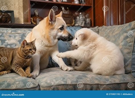 Scene Of Cats And Dogs Playing Together On A Comfortable Sofa Stock