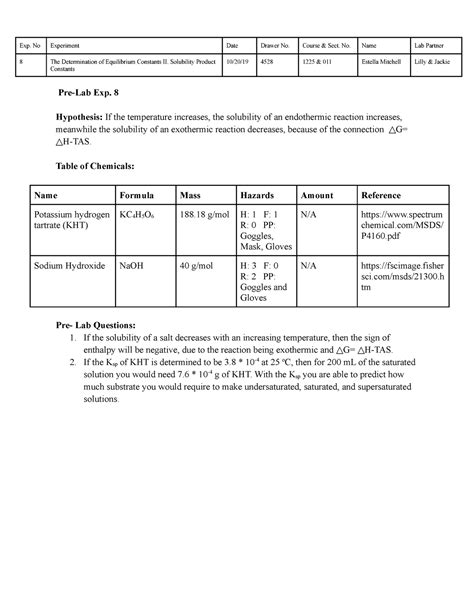 Pre Lab Exp 8 General Chemistry Ii Lab Pre Lab Assignment For Exp 8