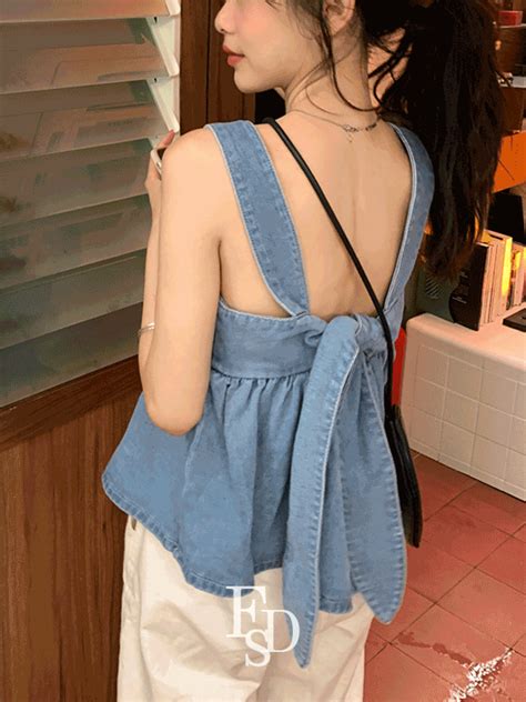 패션데이 바캉스룩 러블리♥ 하멜 데님 스퀘어넥 백리본 나시 블라우스