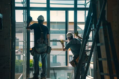 Workmen Installing A Window Frame At A Building Site Construction Site Generative Ai Stock