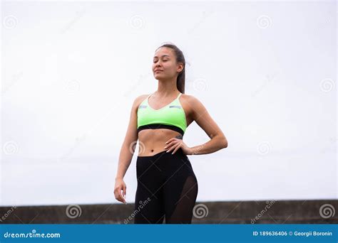 Cute Girl Fitness Instructor Posing On Online Workout Outside Photography For Blog Or Ad Of