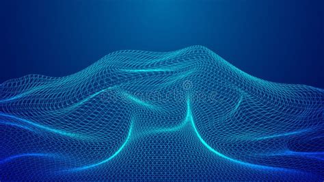 Abstract 3d Cyber Technology Futuristic Wireframe Terrain Grid Landscape Blue Background Stock
