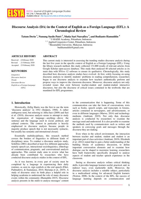 Pdf Discourse Analysis Da In The Context Of English As A Foreign Language Efl A