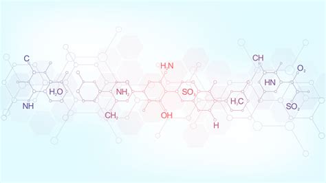 화학 식 및 분자 구조와 부드러운 파란색 배경에 추상 화학 패턴 과학 및 혁신 기술에 대한 개념과 아이디어가있는 템플릿 디자인 주기율표에 대한 스톡 벡터 아트 및 기타
