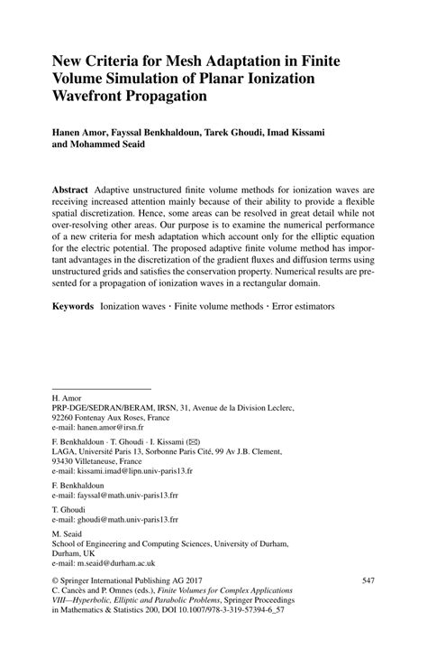 Pdf New Criteria For Mesh Adaptation In Finite Volume Simulation Of Planar Ionization