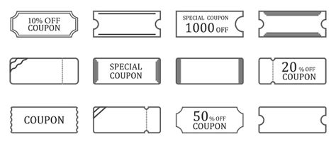 쿠폰 티켓 상품권 할인쿠폰 리니어 스타일의 저축 쿠폰 세트 그래픽 디자인을 위한 쿠폰 카드 요소 벡터 템플릿입니다 다양한 할인이 포함된 판촉 판매 쿠폰 티켓에 대한 스톡