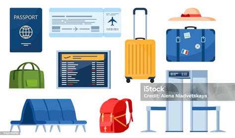 공항 터미널 디자인 요소 비행기로 여행 물체 세트 수하물 금속 탐지기 항공권 여권 안내판 라운지 좌석 항공 여행 개념입니다 관광