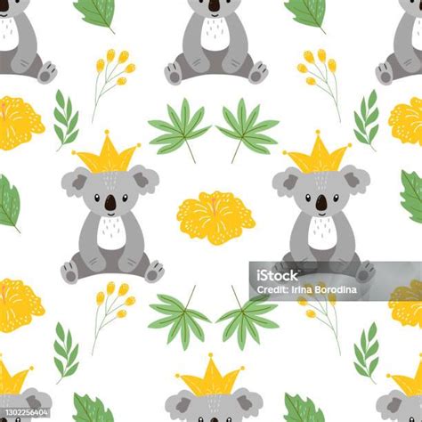 귀여운 코알라 잎과 노란색 꽃 흰색 배경 벡터 그래픽에 원활한 패턴 직물 커버 포장지 의류 가방 포장용 인쇄물 장식용 0명에