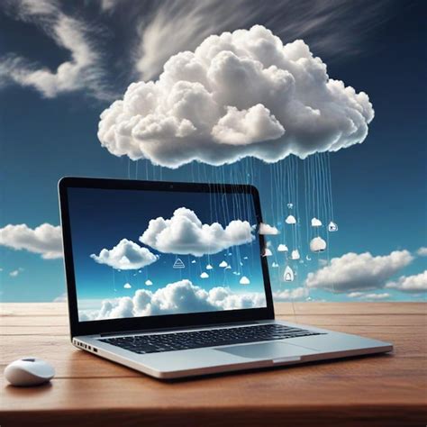 A Laptop With A Cloud On The Screen And The Mouse On The Table Premium AI Generated Image