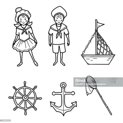 작은 선원 소년과 소녀 귀여운 배 보트 및 스티어링 휠의 해양 세트 닻과 어망 낙서 스타일의 고립 된 그림 항해 스케치 개체 그룹에 대한 스톡 벡터 아트 및 기타 이미지