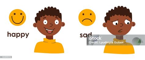 다른 얼굴 표정을 가진 작은 아프리카 계 미국인 소년 행복하고 슬픈 아이 나쁜 좋은 분위기 벡터 만화 캐릭터와 이모티콘 아이들을