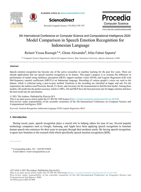Pdf Model Comparison In Speech Emotion Recognition For Indonesian Language