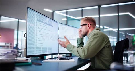 Unhappy Sad Developer Programmer Man In Stress Coding Software Stock