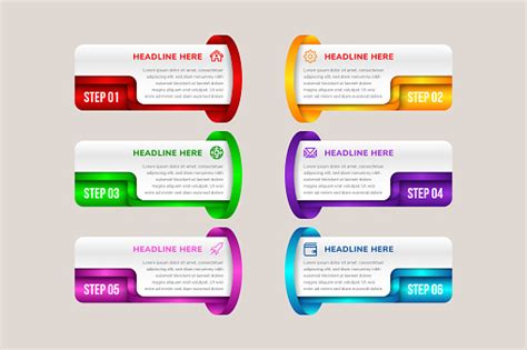 숫자 가는 선 아이콘 및 텍스트 장소가 있는 6개의 개별 다색 직사각형 요소 0명에 대한 스톡 벡터 아트 및 기타 이미지 0명 3차원 형태 개념 Istock