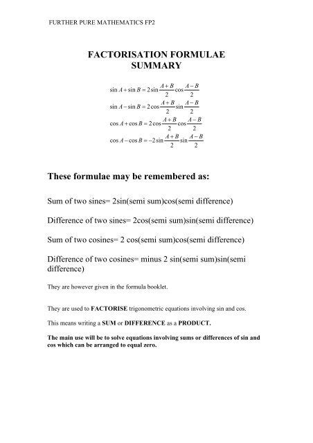Factorisation Formulae Further Maths Wjec