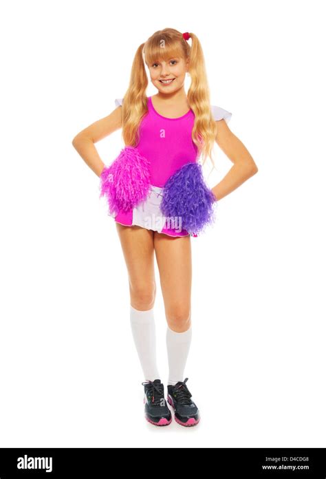 Beautiful Cheerleader Girl With Long Blond Hair Isolated On White Stock